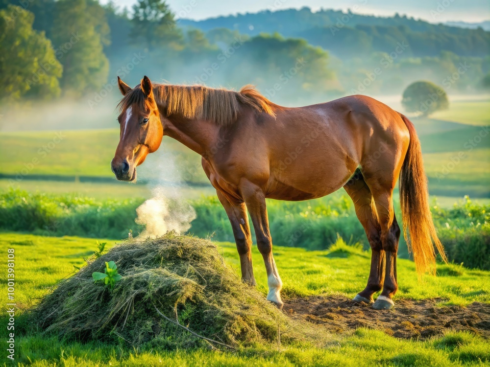 Brown horse standing in a lush green meadow, releasing a pile of ...