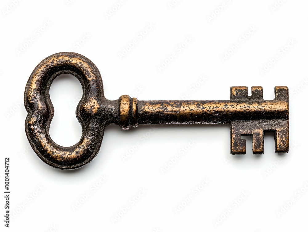 Vintage metal key on a white isolated background, symbolizing security ...