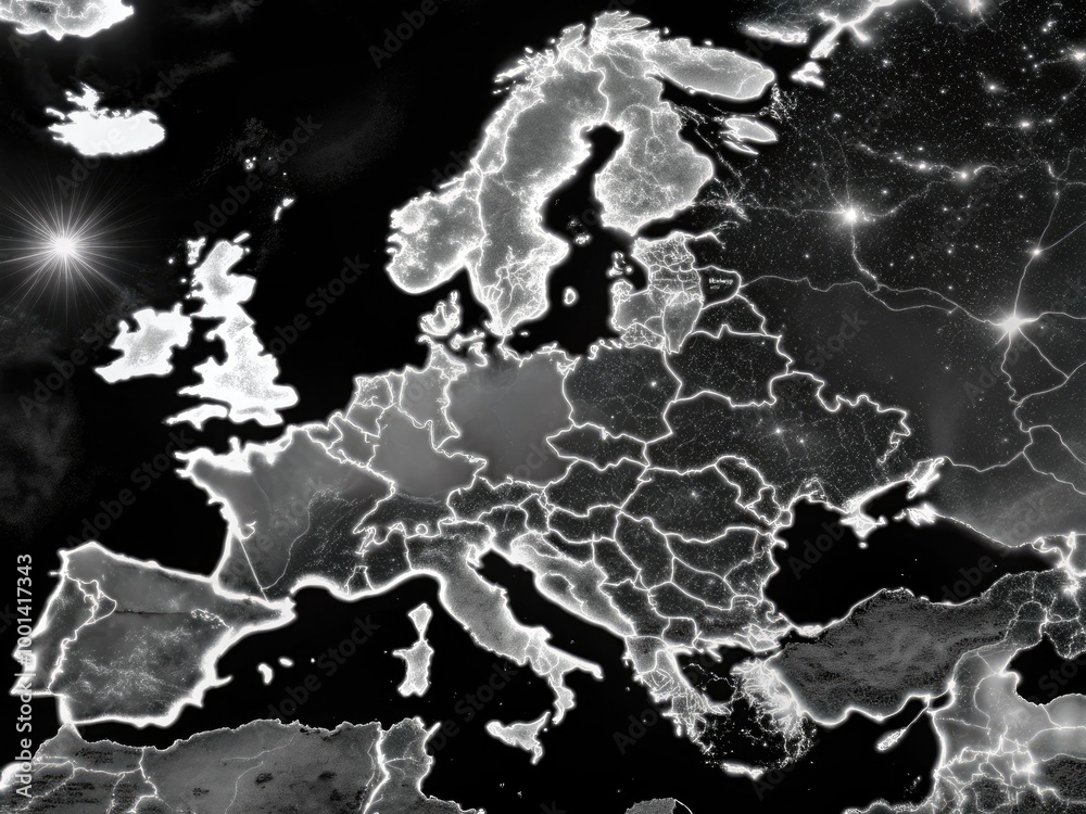 Black and White Map of Europe Showing Countries, Borders, and Major ...