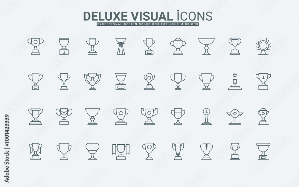 Trophy cup line icons set. Goblets of different shapes, award labels ...