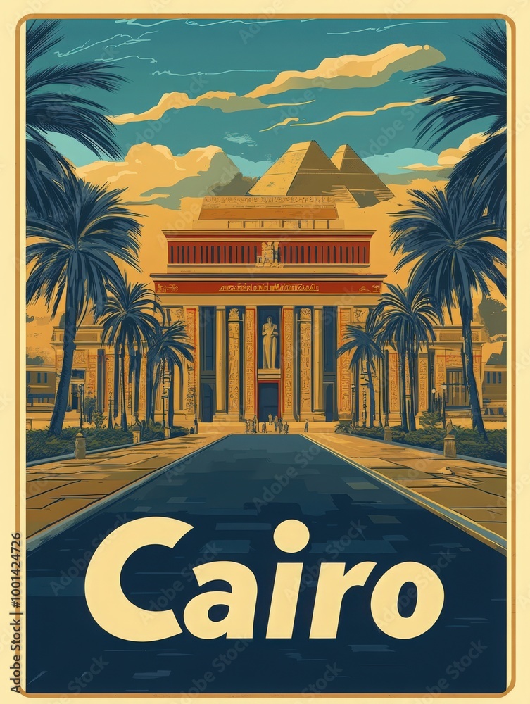 This retro travel poster highlights the grandeur of Cairo, featuring ...
