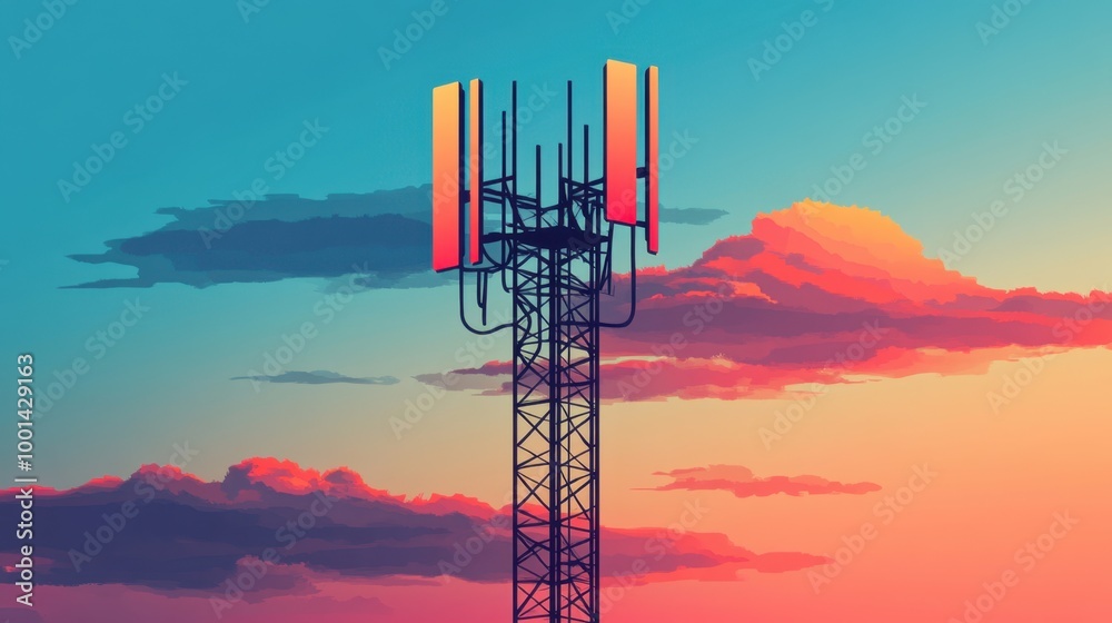 Flat vector art of a 5G telecom tower, highlighting the power of modern communication and ...