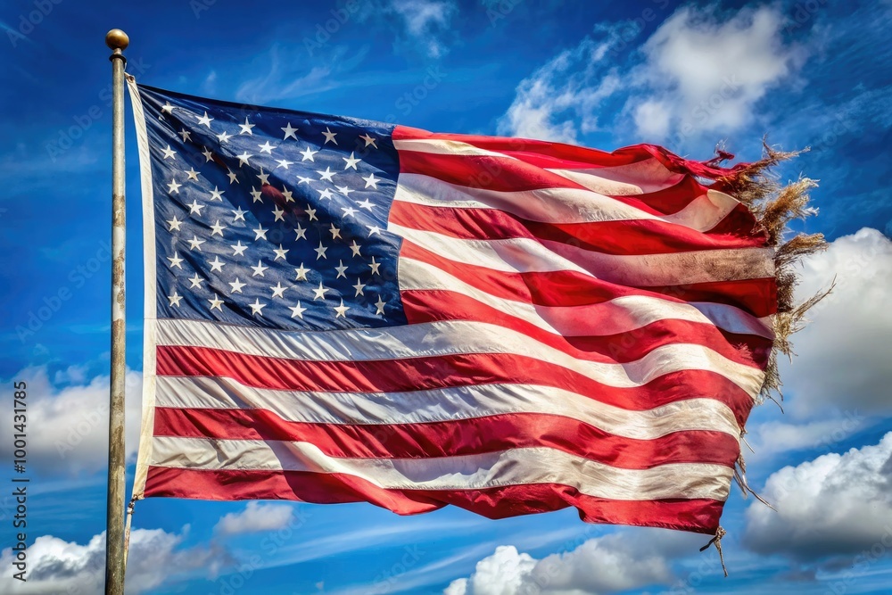 Frayed and weathered American flag, its Stars and Stripes torn and worn ...