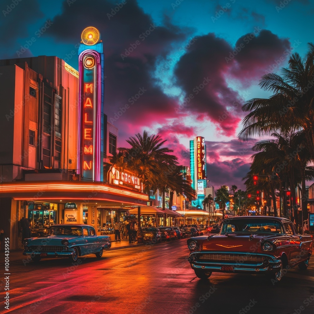 A vibrant retro city, neon signs flashing above art deco buildings, and ...