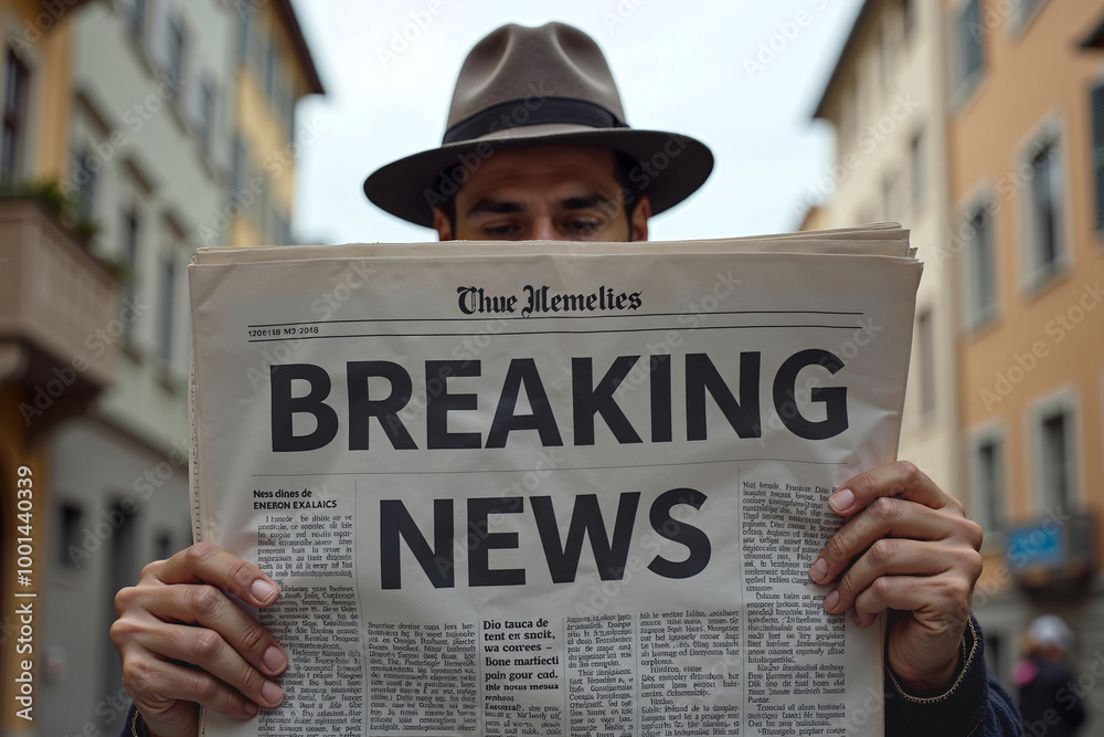 Hot off the press! A man reading headline front page breaking news on ...