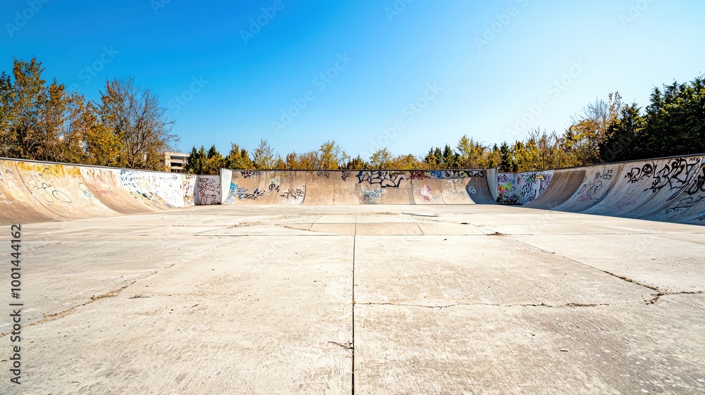Empty skatepark with cracked ramps and graffiti-covered walls ...