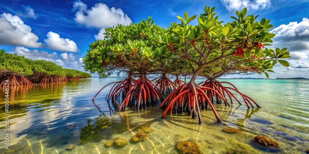Lush Red Mangrove (Rhizophora mangle) Roots and Leaves in a Tropical ...