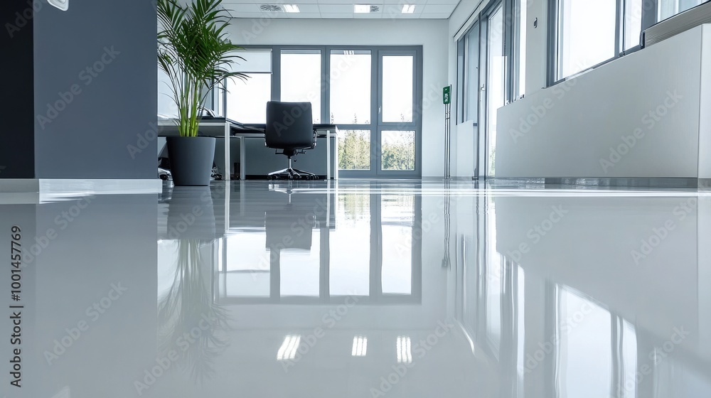 Modern office area with a new epoxy resin floor, glossy and seamless ...