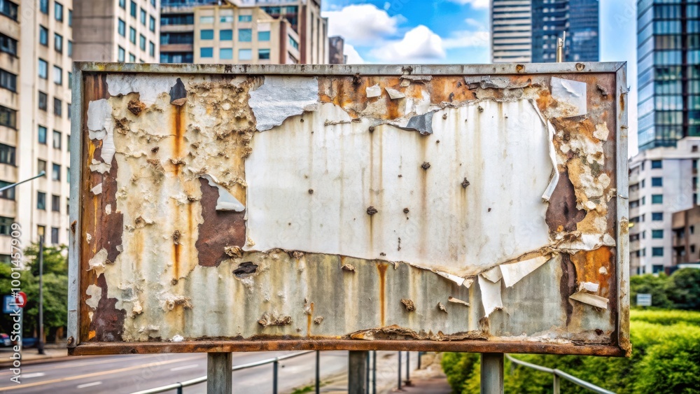 Ripped poster on weathered billboard sheet metal with urban street ...