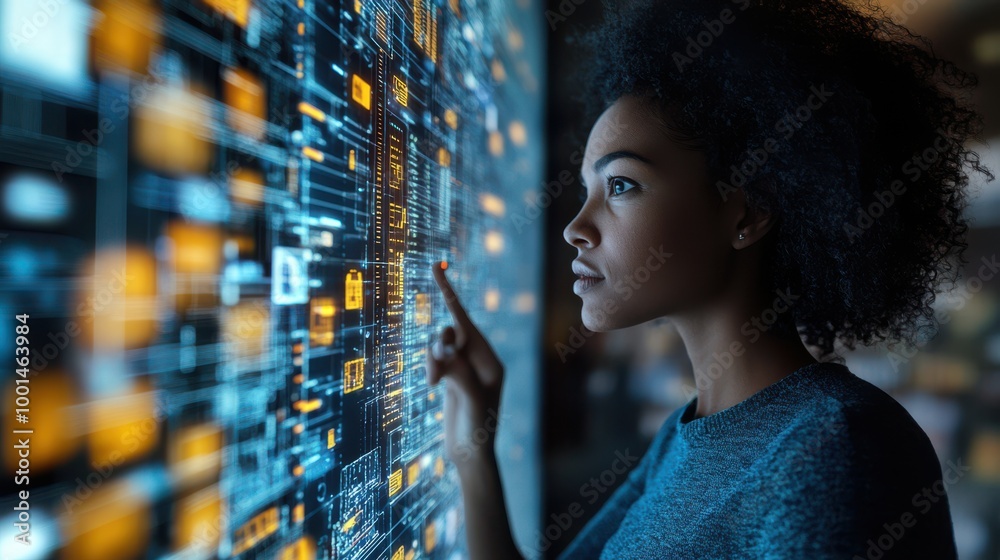Woman Interacting with Digital Interface Data Technology Innovation ...