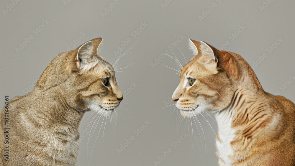 Side view of two cats staring at each other with identical postures ...