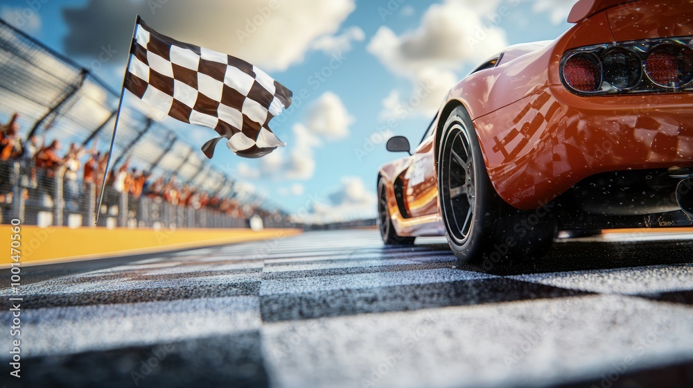 A race car crossing the finish line first, with the checkered flag waving and a cheering pit ...