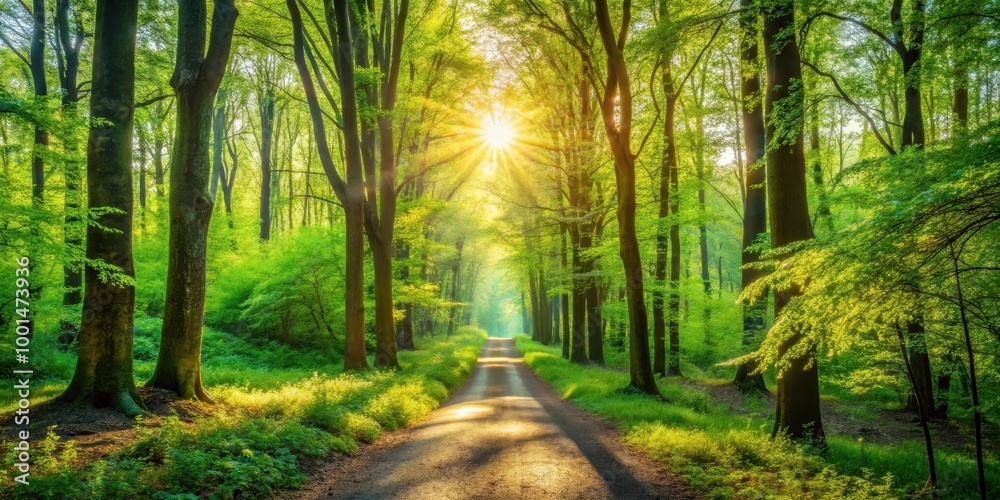Sunlit forest path in spring morning with vibrant green foliage and ...