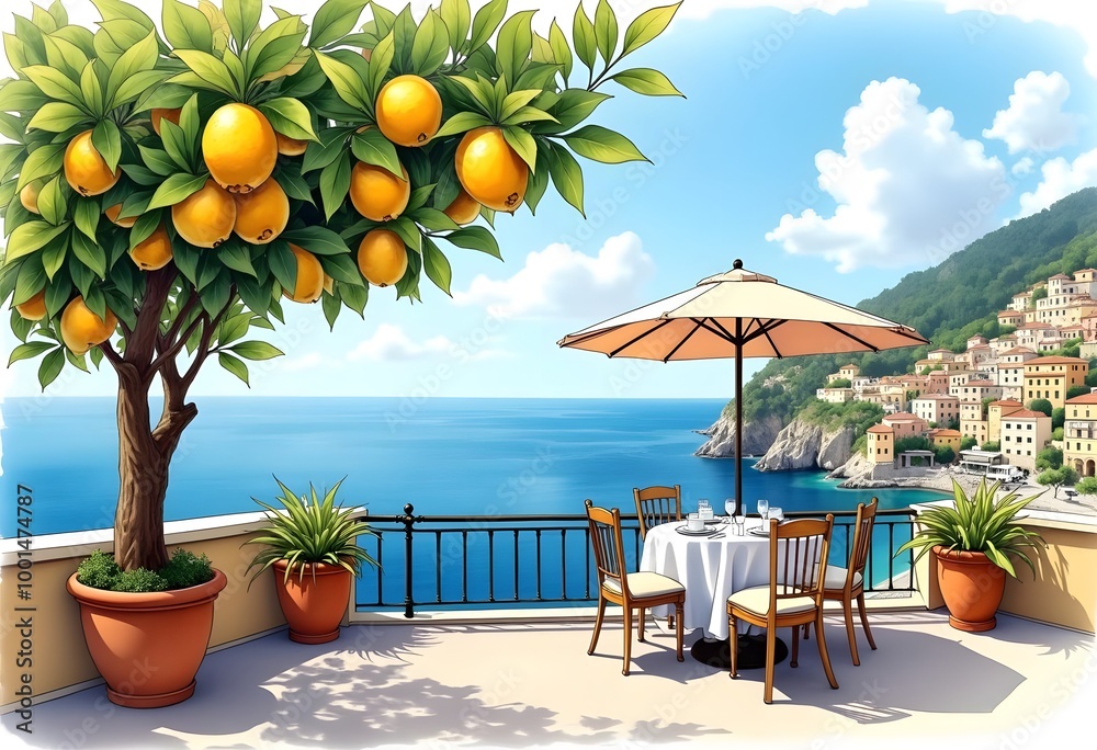 hand drawn watercolor painting of lemon trees restaurant in Capri ...