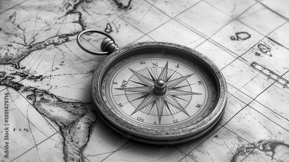 compass laying on old map, grid, tattoo design, black and gray ...