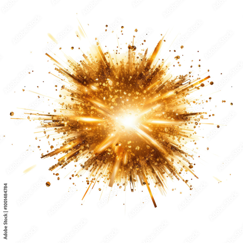 Explosion metallic gold glitter sparkle bokeh isolated white background ...