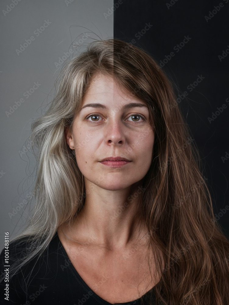 Split face. A split portrait of a woman, with one side featuring her ...