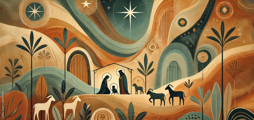 Boho style painting representing Nativity scene in Bethlehem. Christmas ...