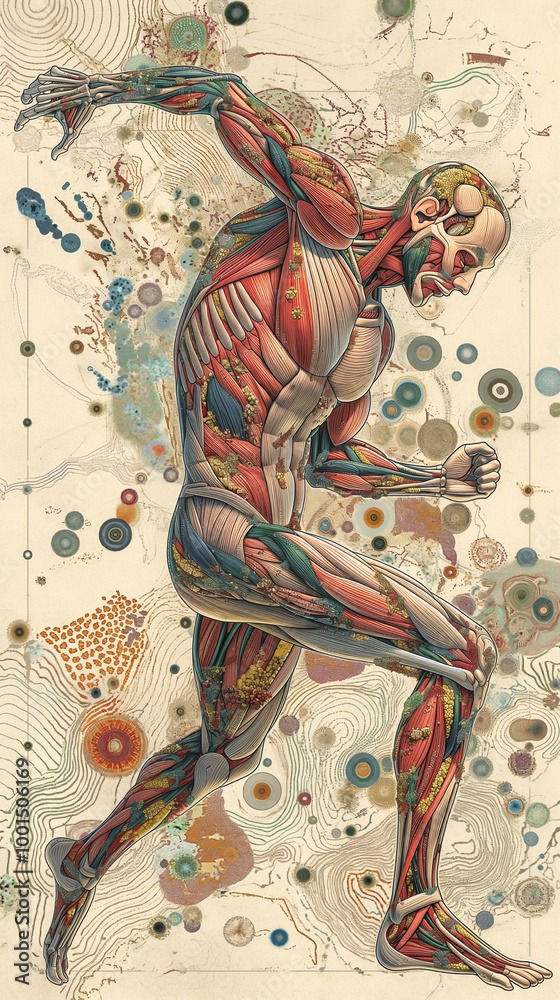 Detailed illustration of human muscles in motion, showcasing running ...