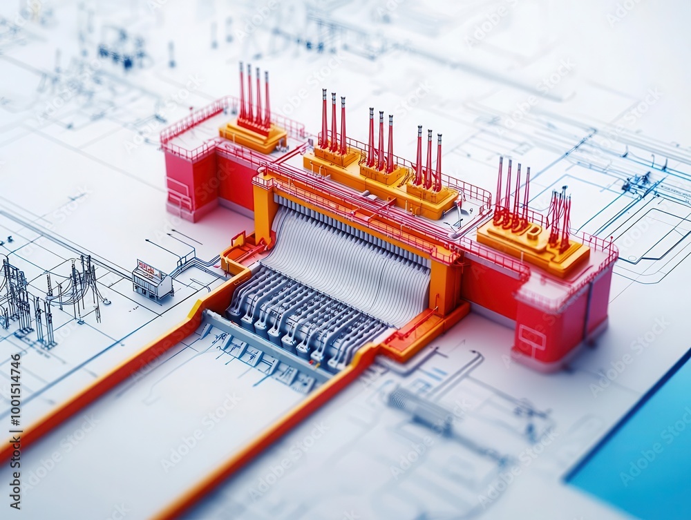 Engineering diagram of a hydroelectric dam with flow dynamics ...