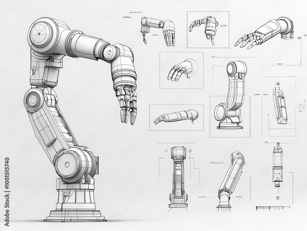 Wireframe model of a robotic arm in various stages of motion ...