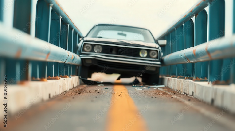 Car impact against W beam barrier, showcasing the moment of collision ...