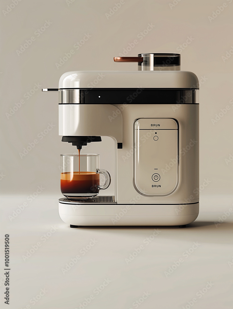 Modern espresso machine with cup of coffee on neutral background ...