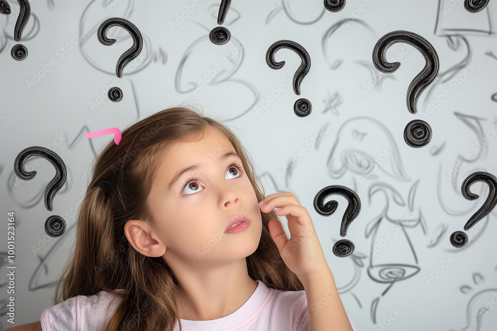 Curious child thinking with question marks in the background, pondering ...