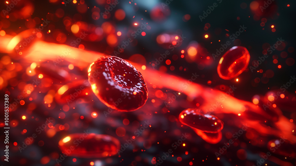 Red blood cells in flow with plasma and circulation, a microscopic view ...