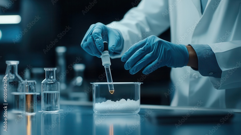 Chemist using a glove box to handle reactive substances, inert ...