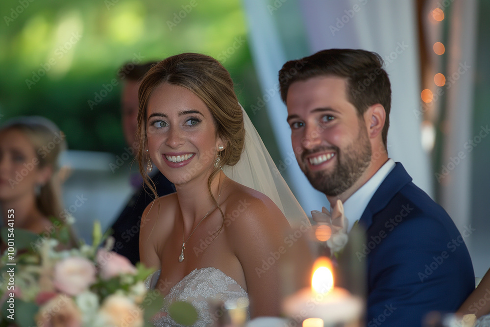 Wedding bride and groom smile with veil during ceremony with flowers ...