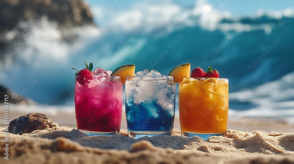 Side view of three different bright colored drinks pink yellow blue ...