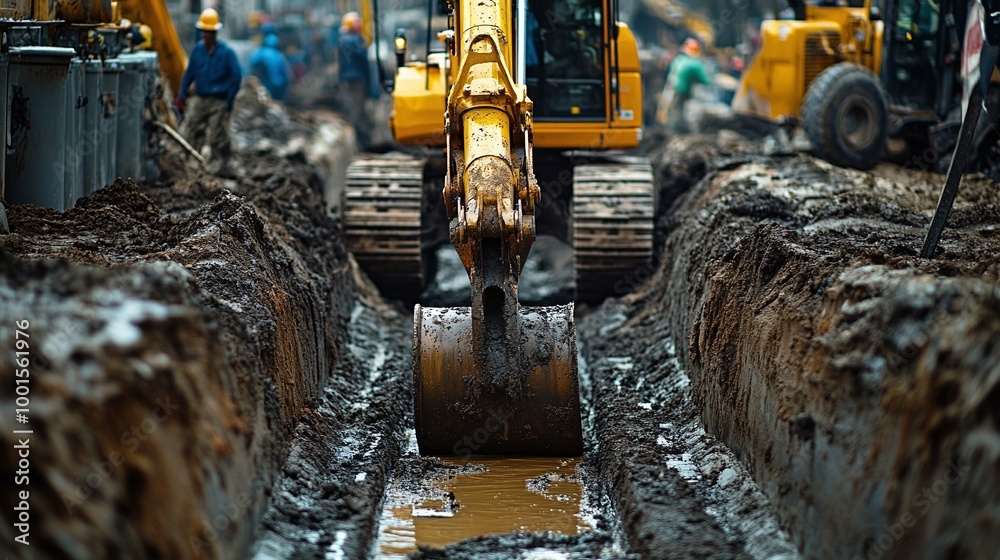 underground pipeline installation in progress with a utility crew ...