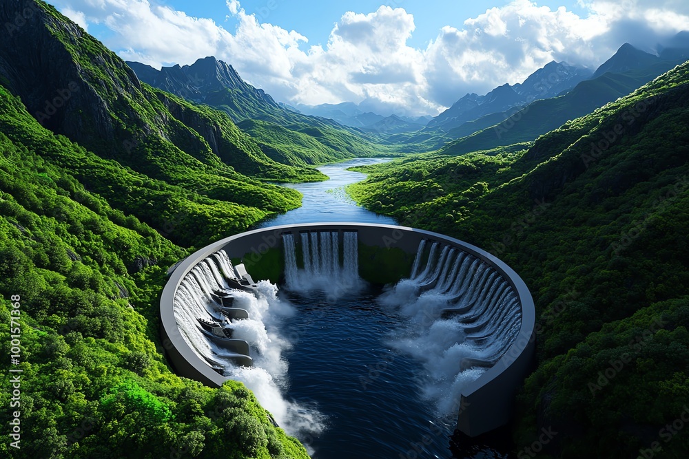 Waterfalls generating clean energy for a fantasy kingdom, with ...