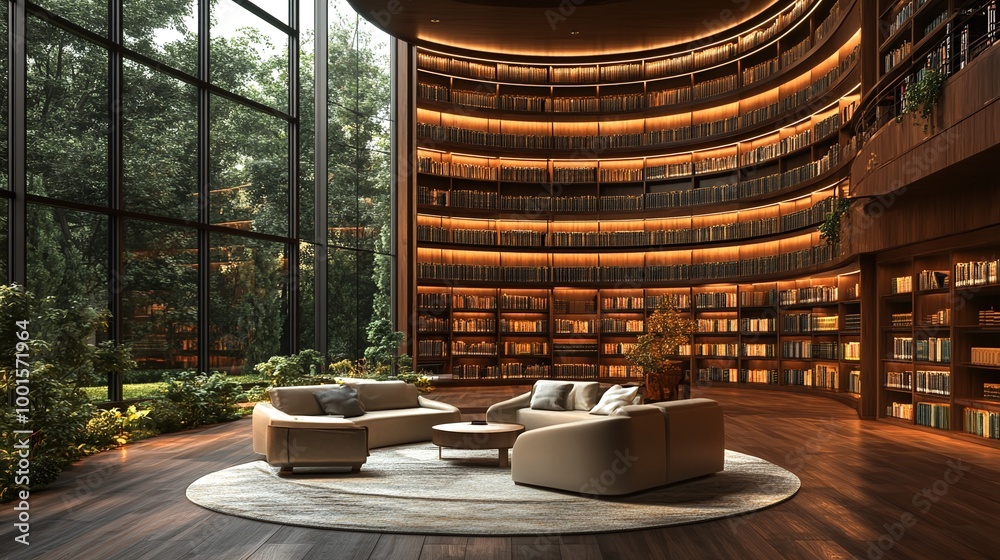 cozy modern library interior with bookshelves and armchairs, offering a ...