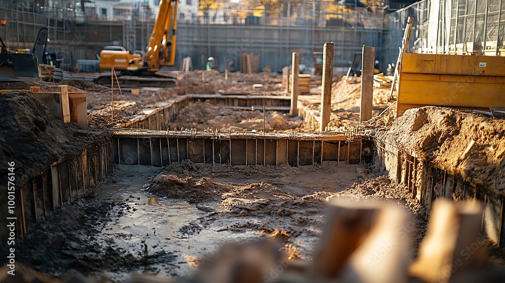 Construction site with concrete foundation and drainage system being ...