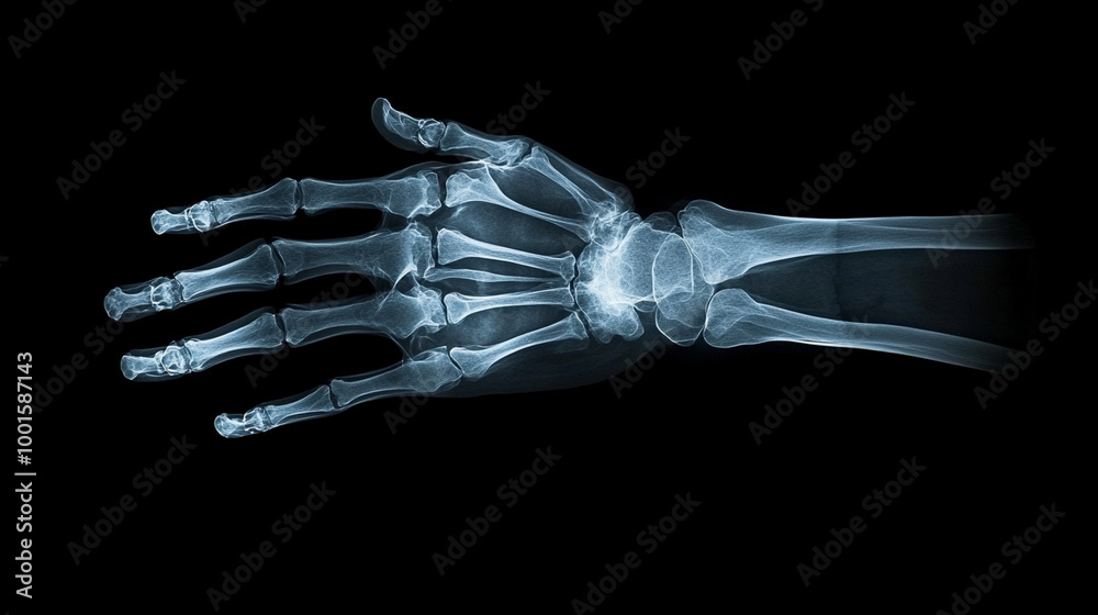 A detailed X-ray image showing the bones of a human hand and wrist ...
