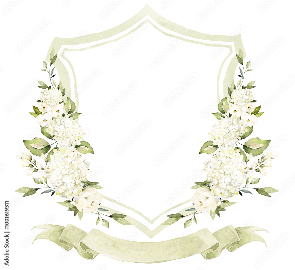 hydrangea White Watercolor Flowers Wedding Crest template PNG. Wedding ...