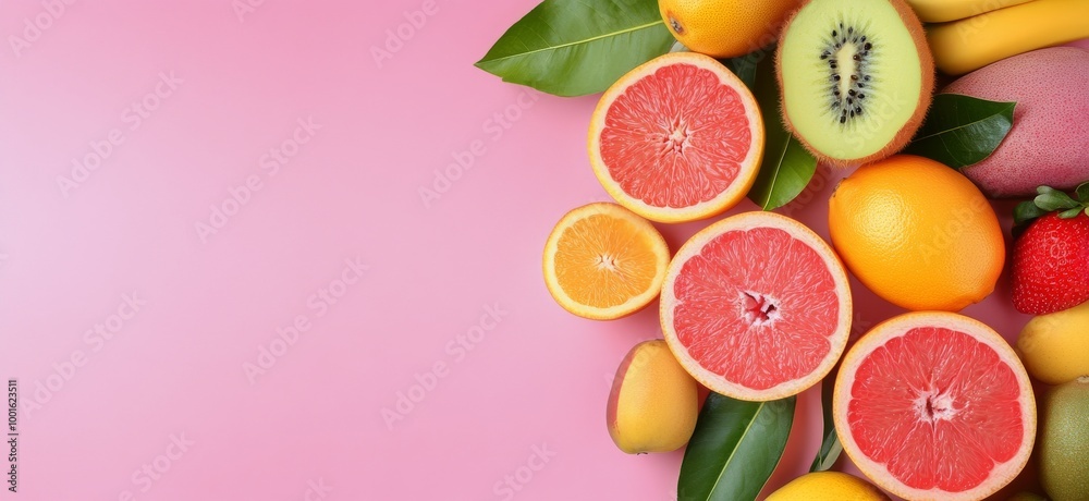 Fresh fruit assortment with vibrant colors on a pink background for a ...