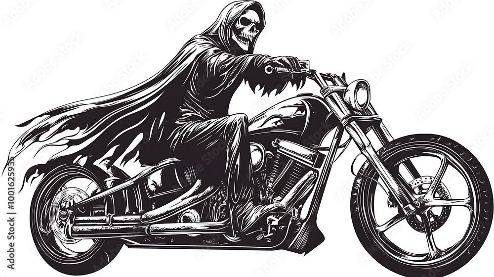 Grim Reaper riding a motorcycle. Black and white illustration of death ...
