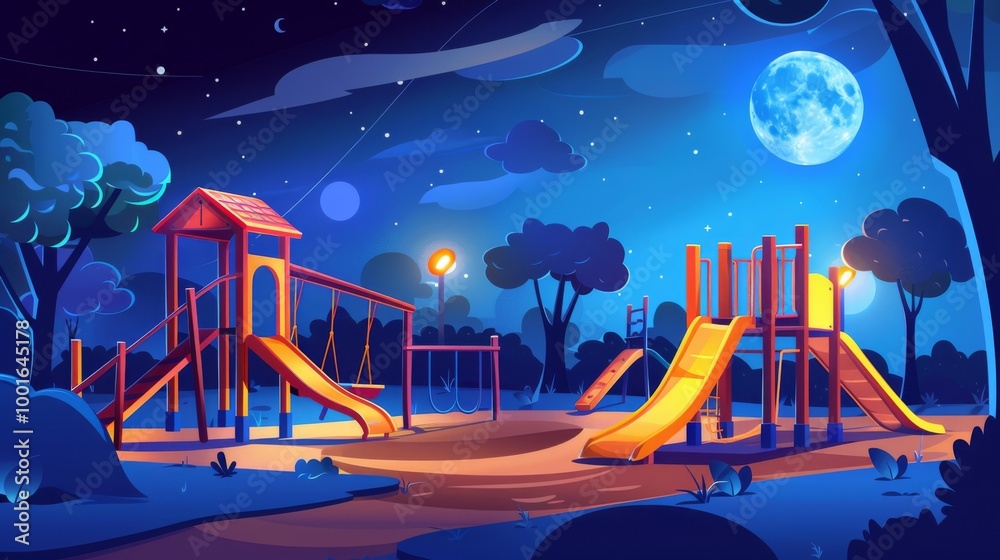 The night school playground slide and play equipment at full moon ...