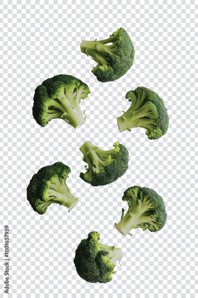Falling Broccoli pieces in mid air on a transparent background. AI generated Stock Vector ...