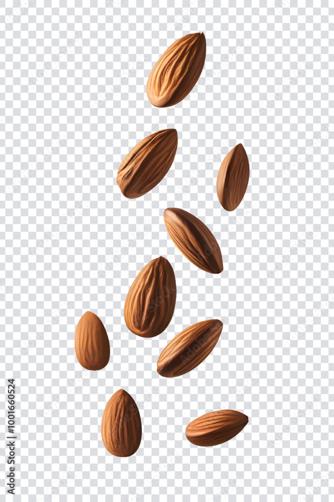 Falling almonds nuts in mid air on a transparent background. AI ...