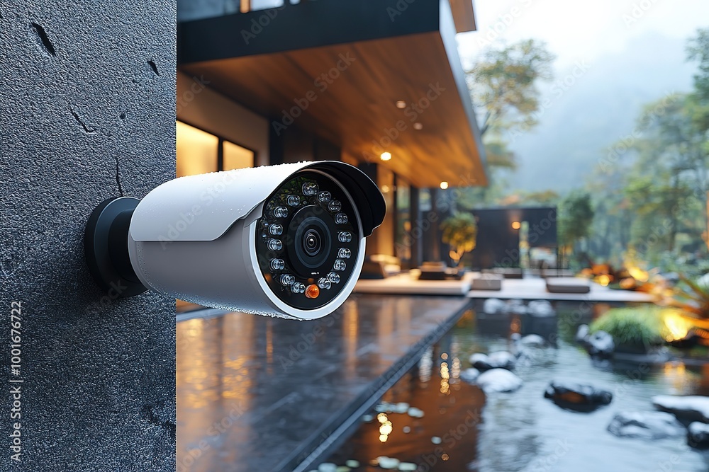 Smart IP security video camera installed on a modern home exterior wall ...