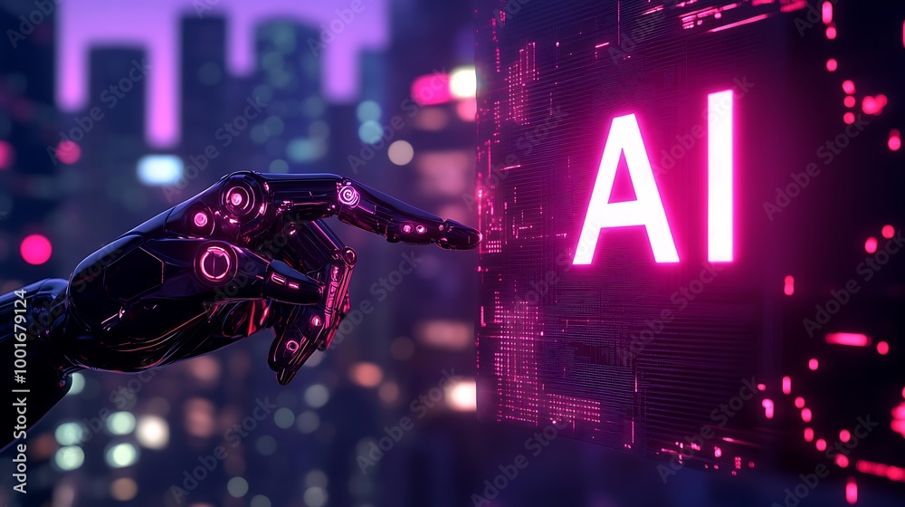 Artificial Intelligence (AI) Robotic Hand Pointing at Neon Sign, Futuristic Cityscape Background ...