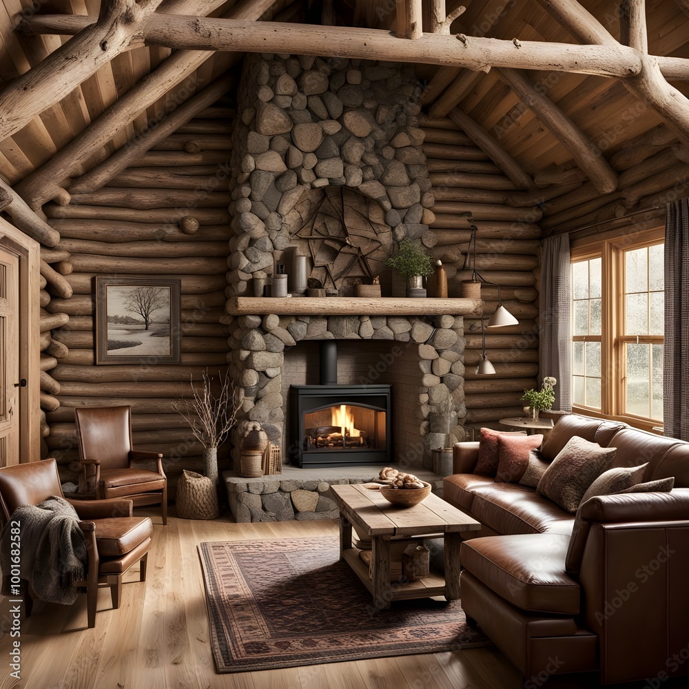 interior home design of a rustic log cabin Stock Photo | Adobe Stock