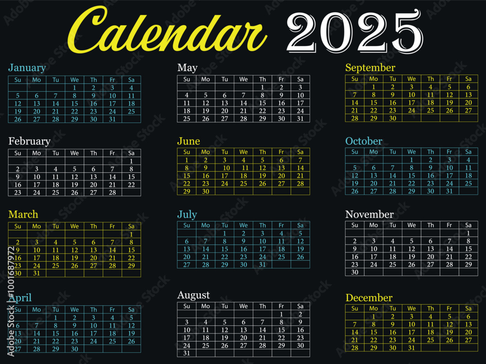 Calendar 2025 year vector illustration. Monthly Calendar. Daily Planner ...