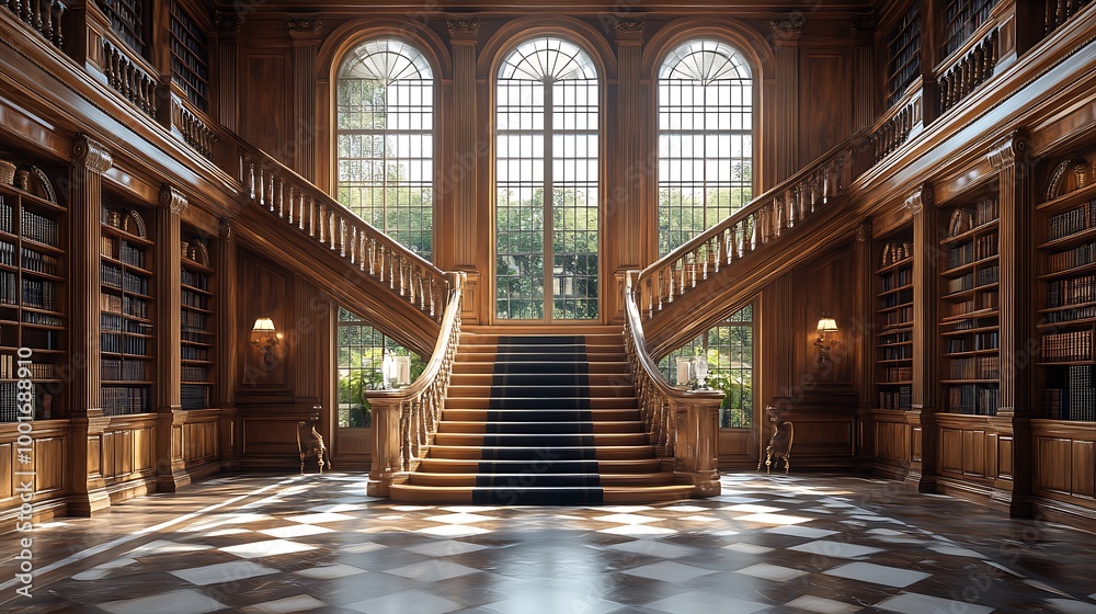Grand Library Interior with Staircase, Bookshelves, and Sunlight ...