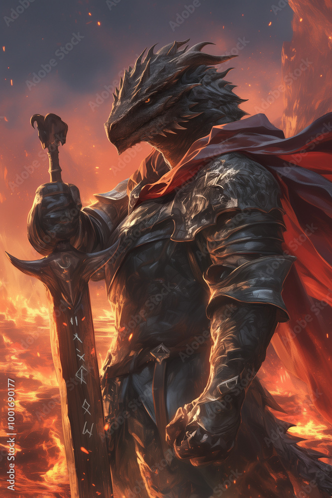 dragonborn warrior stands proud in volcanic landscape wielding a fiery ...