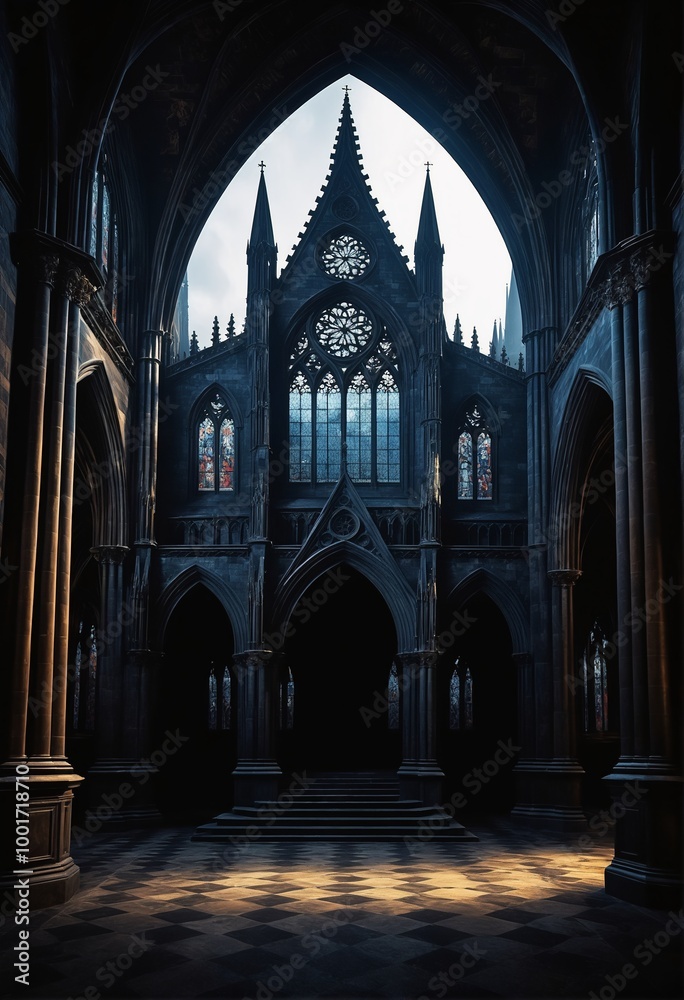 Dark gothic mural church with intricate stained glass windows and ...